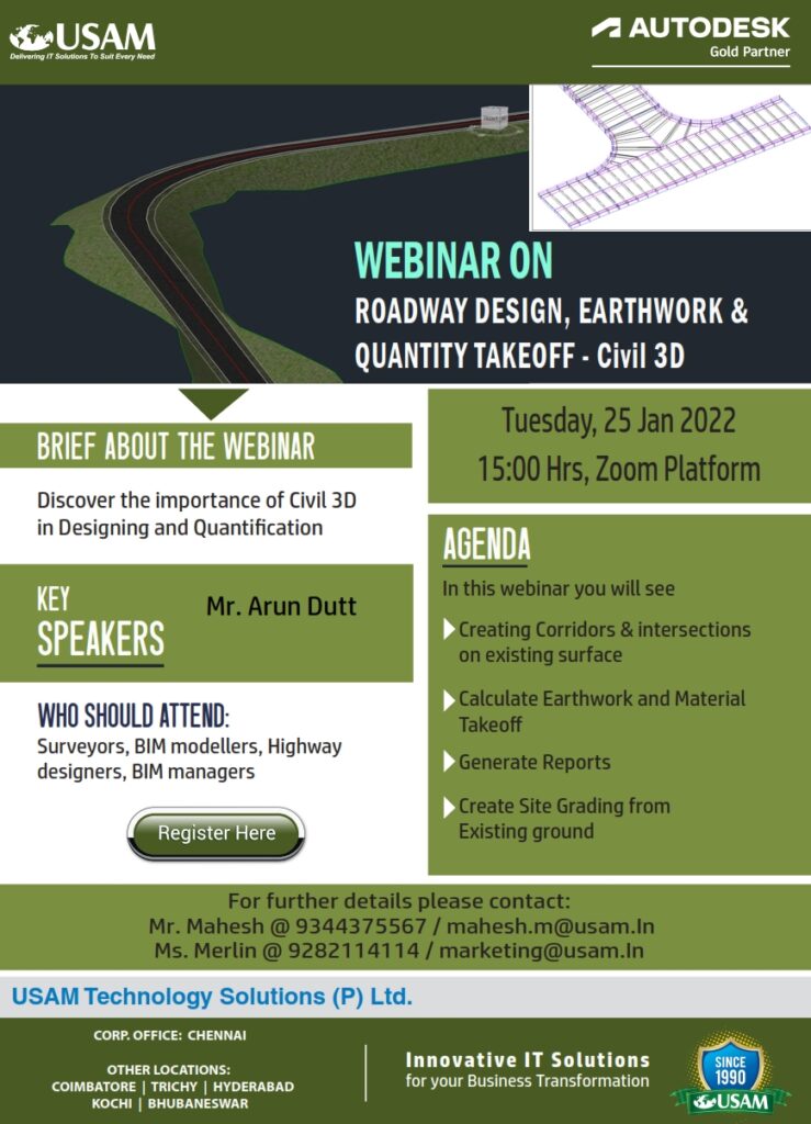 Webinar on Roadway Design, Earthwork & Quantity Takeoff - Civil 3D - USAM